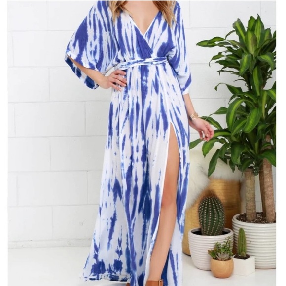 Lulu's | Dresses | Lulus Blue White Tie Dye Faux Wrap Maxi Dress Womens ...